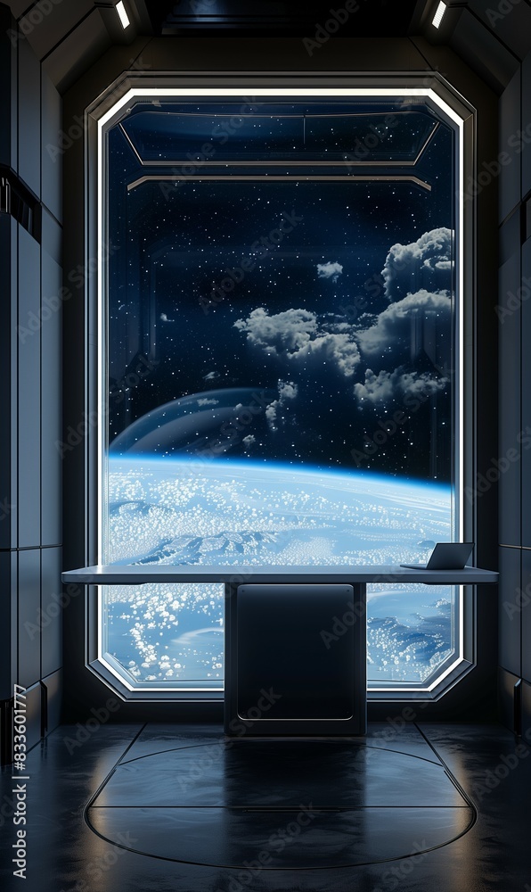 spaceship window with sunrise over planet view, space station porthole ...
