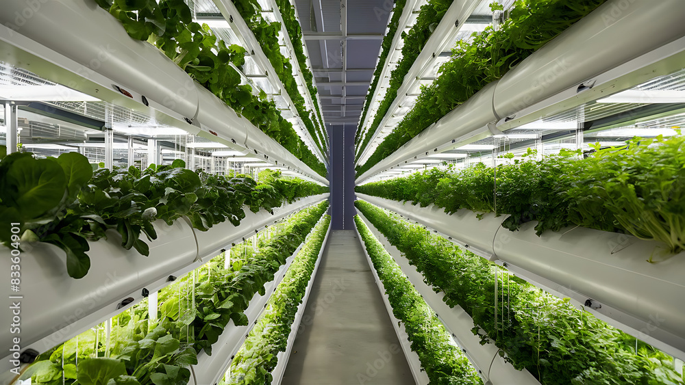 Vertical farm facility, showcasing rows of leafy greens and herbs ...