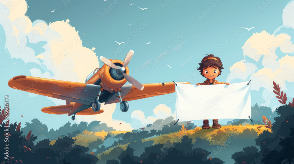 Cute Cartoon Boy and Airplane Stock Illustration | Adobe Stock