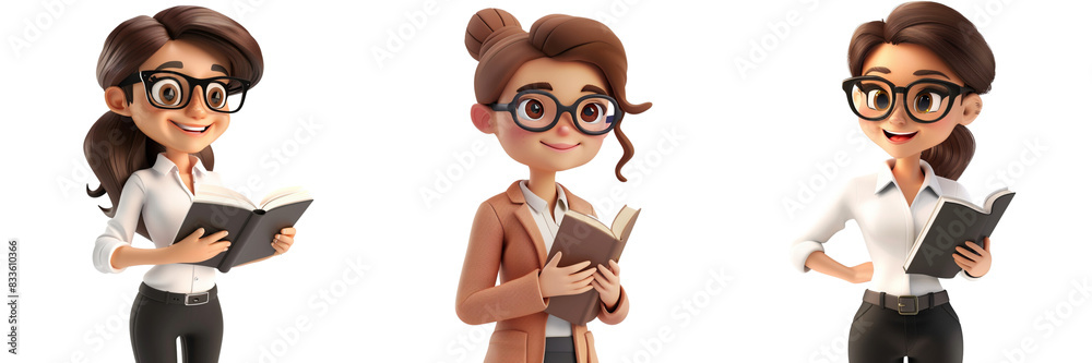 Set of 3D Cute cartoon female teacher holding a book and smiling ...