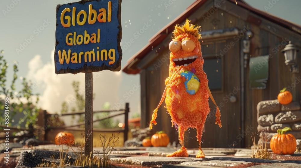 Comical blue monster stands beside a weathered sign that reads "Global ...