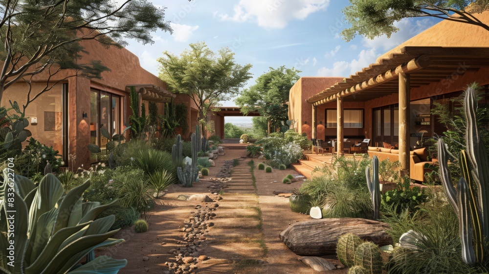 A desert house design with adobe walls, shaded patios, and xeriscaped ...