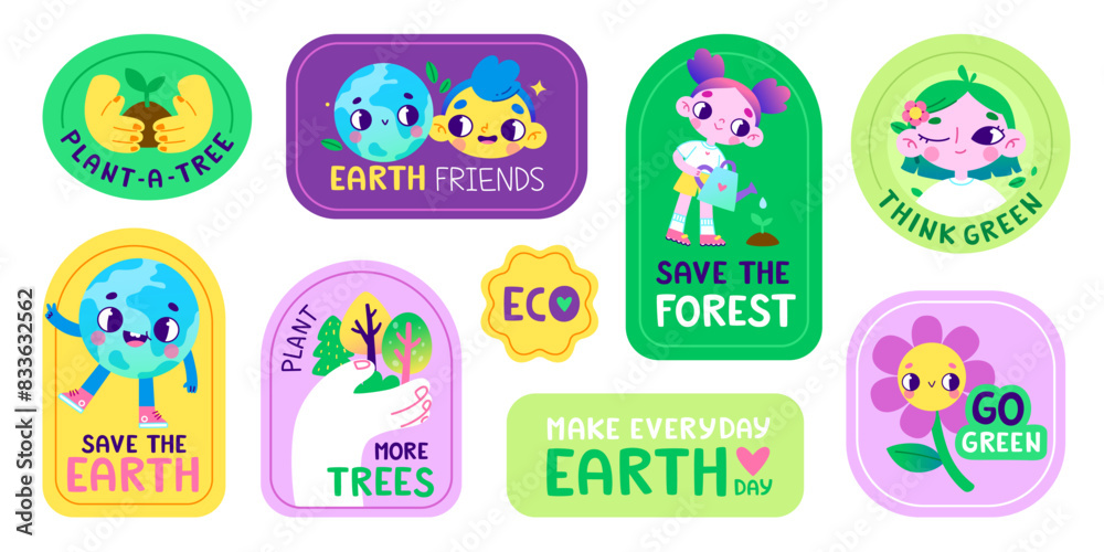 Ecological sticker set about planting trees. Cartoon vector ...