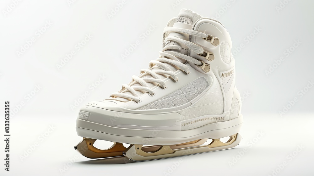The skates are made of white leather with gold accents and have a ...