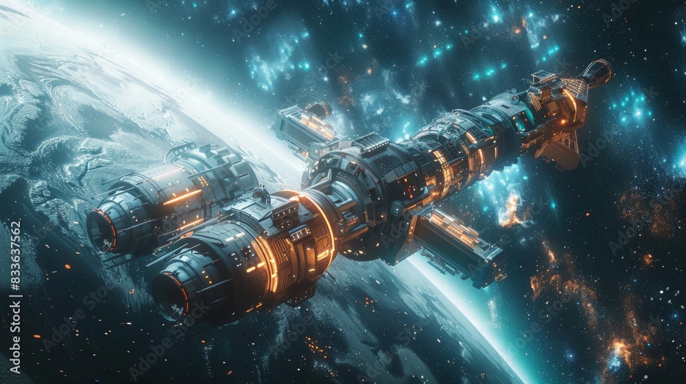 Futuristic Space Station: Depict a space station orbiting a distant ...