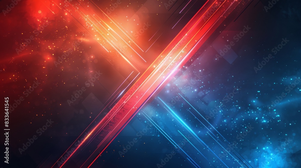 A red and blue background is split diagonally, creating a shattered ...