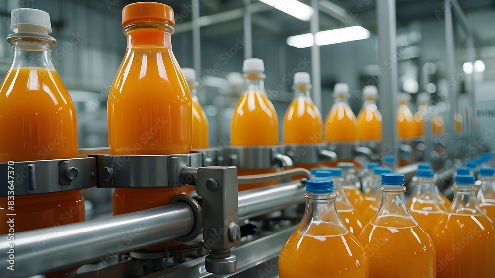 Freshly Bottled: Line of Orange Fruit Juice Bottles on Pristine Display ...