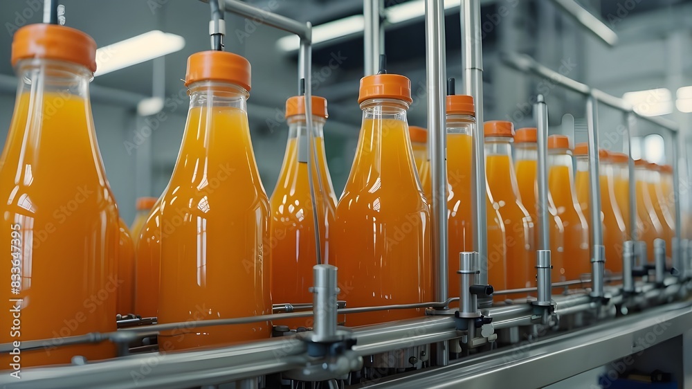 Freshly Bottled: Line of Orange Fruit Juice Bottles on Pristine Display ...