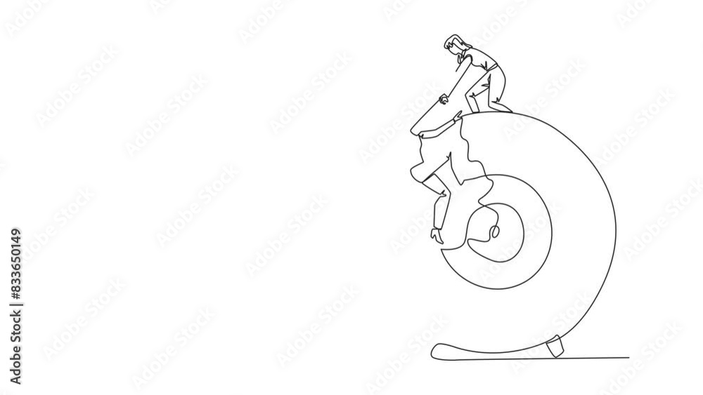 Self drawing animation of single line drawing businesswoman helps colleague climb arrow board ...