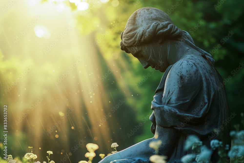 Mourning woman statue with sun beams, funeral services, grief, sorrow ...