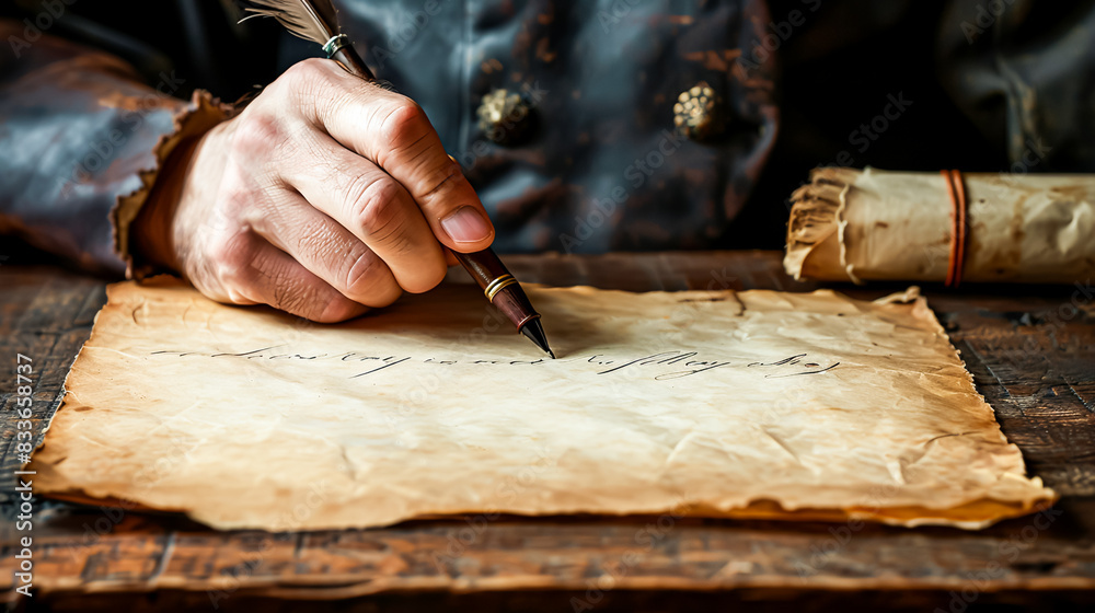 A person's hand writing a heartfelt letter on parchment paper with a ...