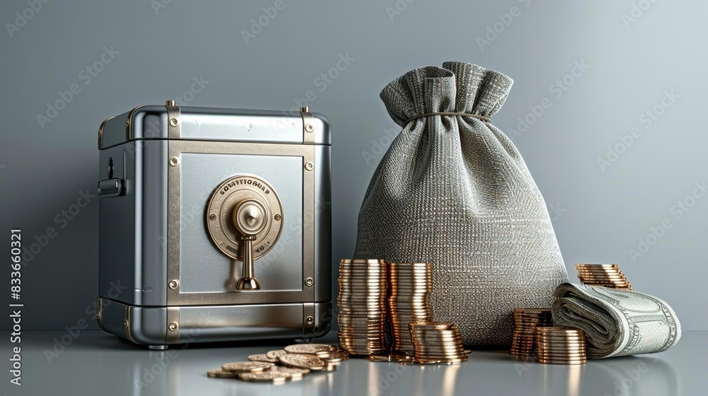 Soft gray background featuring a 3D closeup of a metallic safe box, a ...