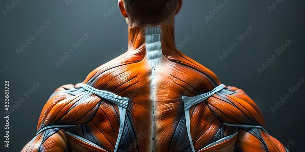 Focus on human torso muscles including trapezius shoulders and neck ...