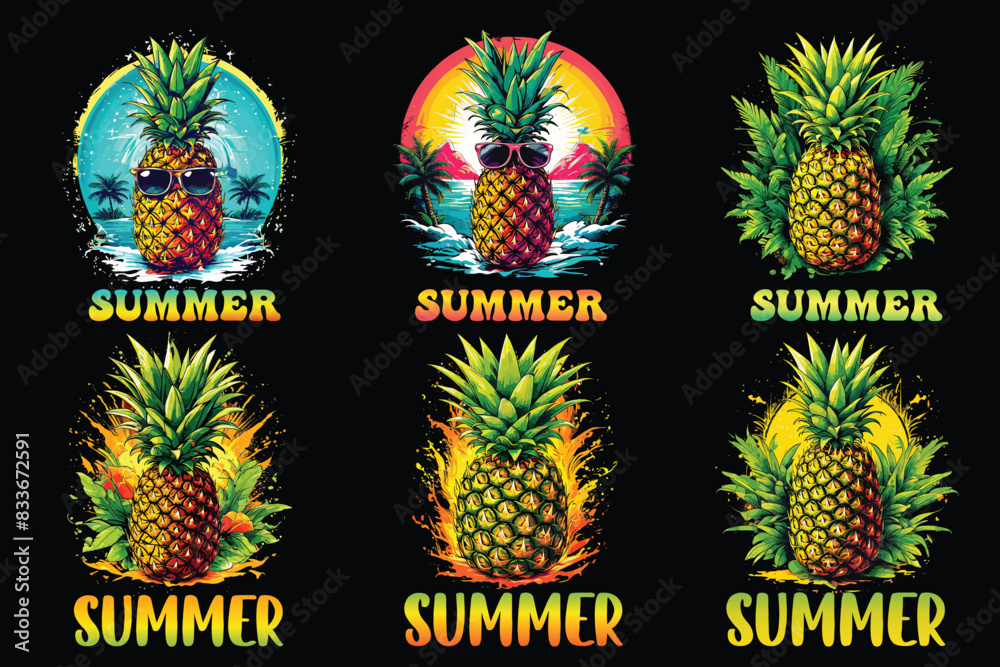 Pineapple illustration Bundle For Summer, Colorful Pineapple Vector Art ...