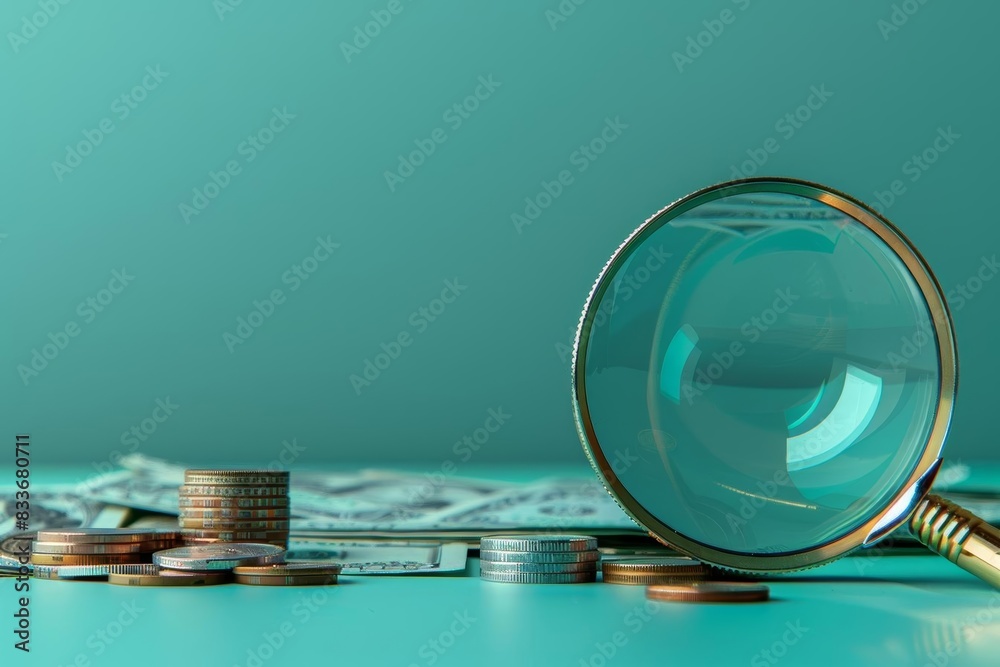 Clear soft mint green background with a 3D magnifying glass examining ...