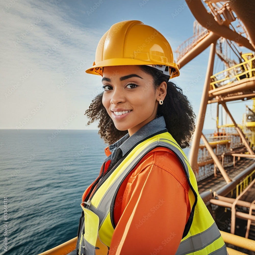 Oil rig worker in orange high visibility vest and yellow helmet ...