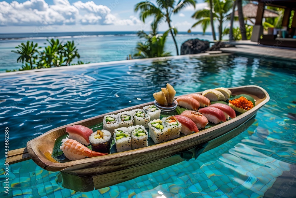 Floating Sushi Platter in Pool: A lavish sushi platter floating in a ...