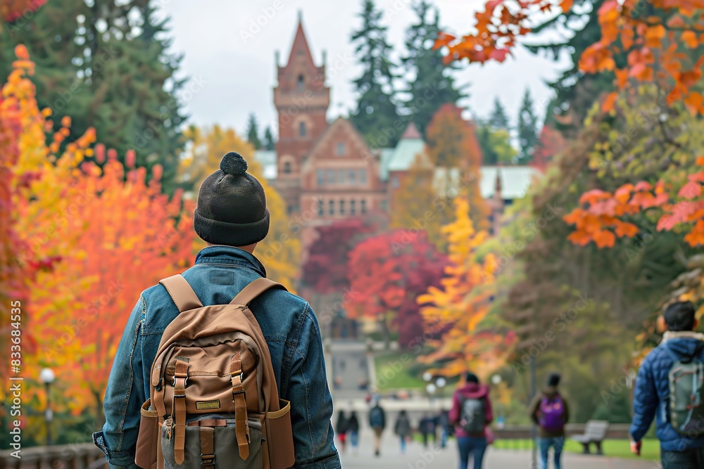 Back view of Caucasian student outdoor. Young man European stylish guy ...