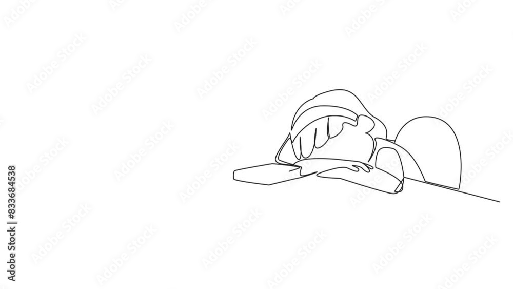 Self drawing animation of single line drawing girl asleep at the table ...