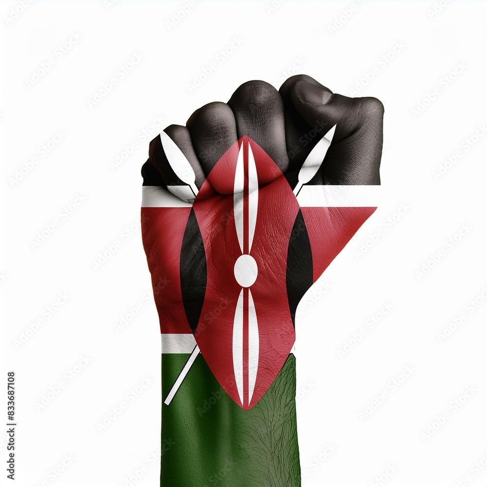Hand raised into a fist at the Kenya Flag Painted Isolated background ...