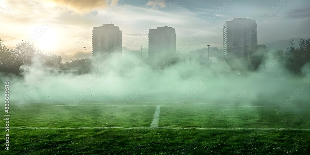 Toxic green fog on soccer field with floating particles creates foul ...