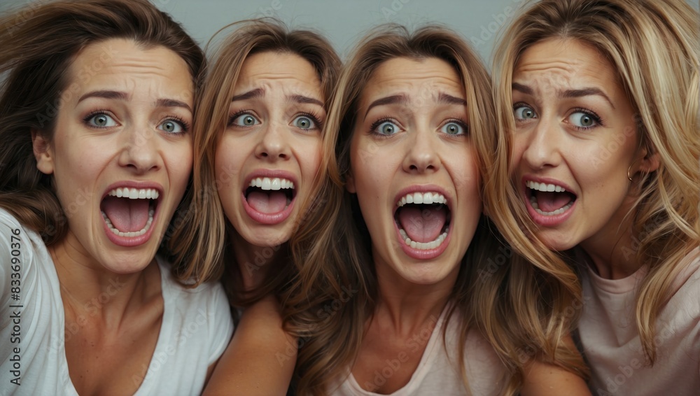 Foto de Four women with wide-eyed, screaming expressions, captured in a ...