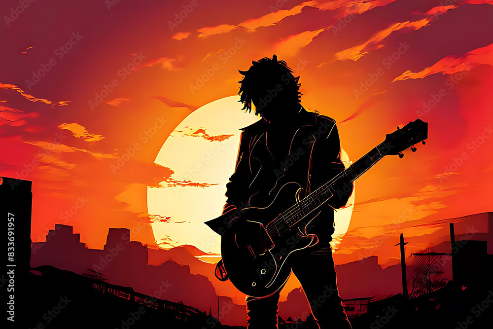 Dynamic rockstar silhouette against urban sunset. Dramatic lighting ...