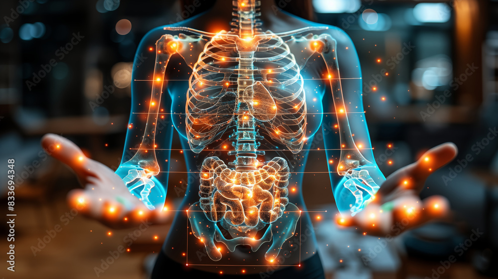 Glowing human anatomy scan revealing intricate skeletal and organ ...
