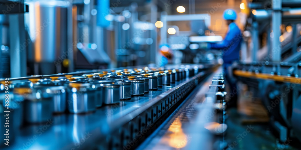 High-tech assembly line with rows of metal cans in a modern factory ...