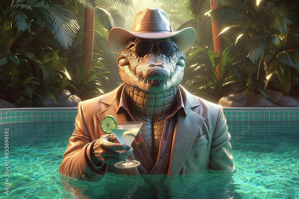 Crocodile holds drink in pool, digital art, high-detail iconic ...