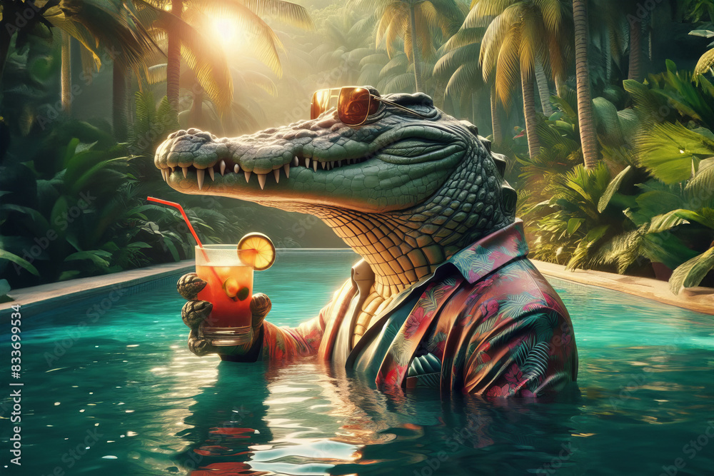 Crocodile statue holding drink in pool, Digital art, 80s Miami Vice ...