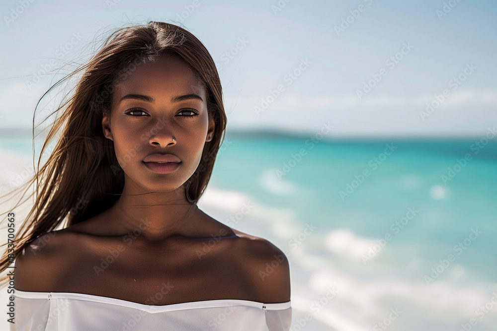 african american model standing next to ocean, posing in white ...