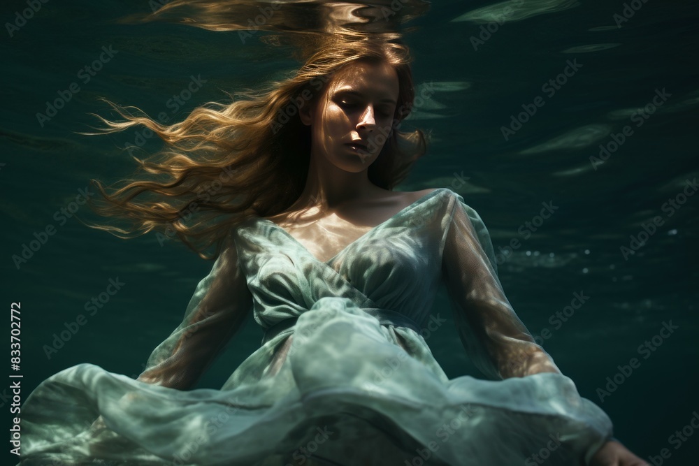 Serene young woman floating elegantly in deep water with her dress ...