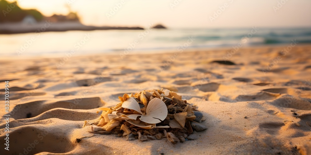 Blurry beach background with green recycle symbol promoting ...