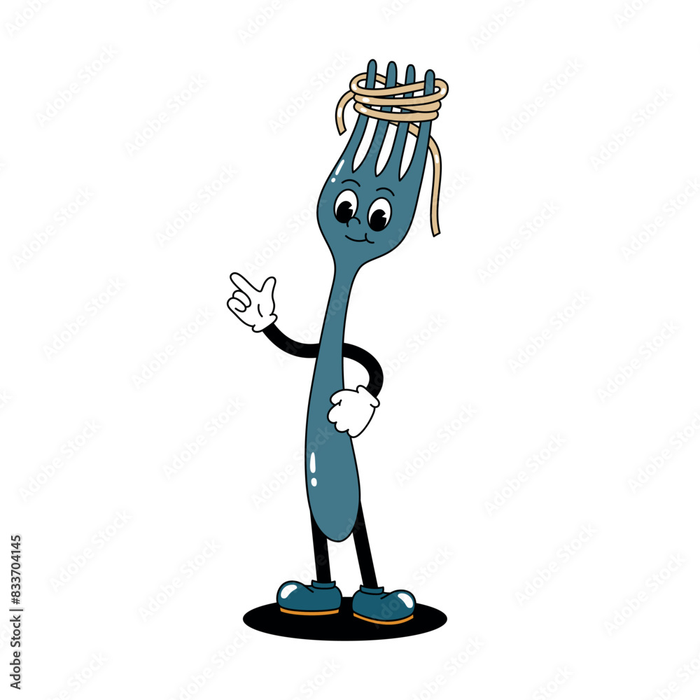 Vector color illustration of a cartoon retro mascot walking a fork with ...