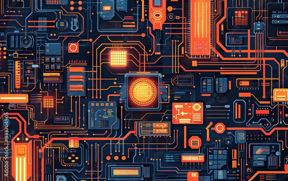cybernetic circuits flat design top view, hightech theme, cartoon ...