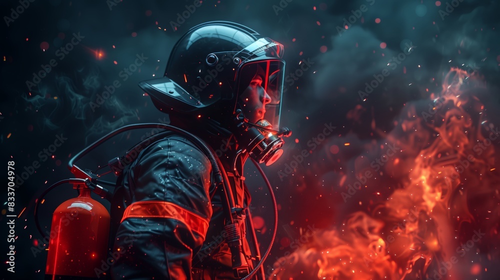 Firefighter in full gear holding fire extinguisher, side view on dark ...