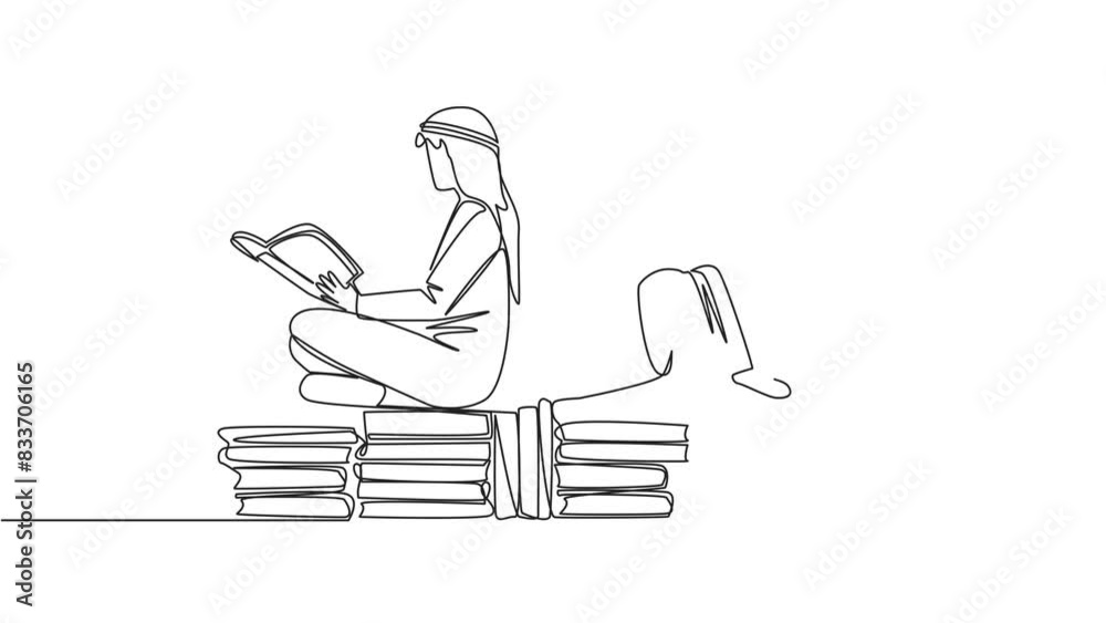 Self drawing animation of one line drawing Arab man woman sitting relax ...