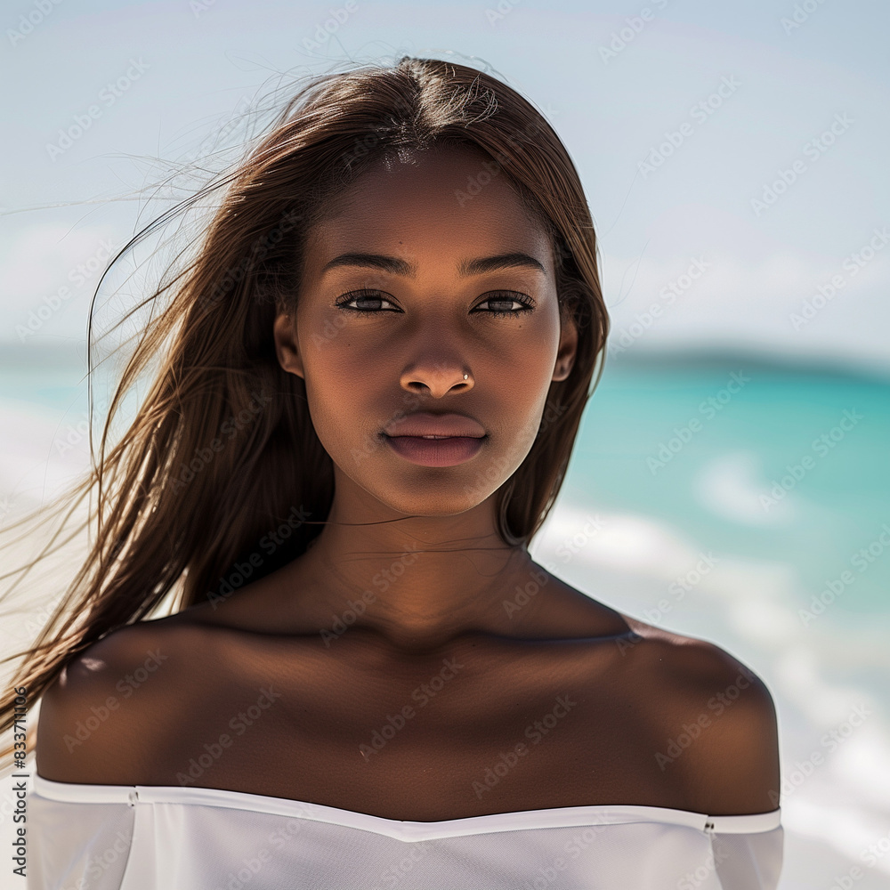 african american model standing next to ocean and posing in white ...