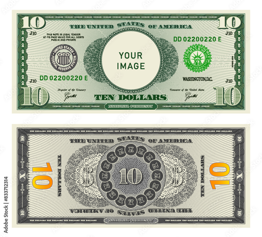 Vector highly detailed fictional beautiful 10 US dollar banknote ...