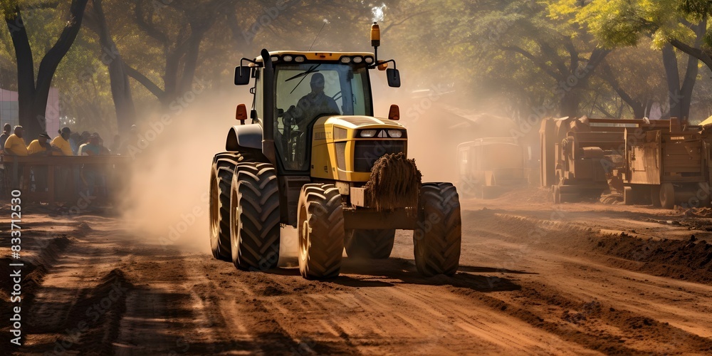 Rubberwheeled soil grading tractor at a road construction site in ...