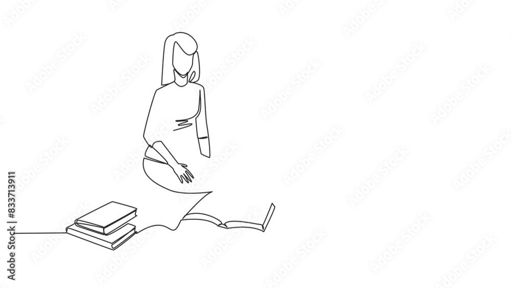 Self drawing animation of single line drawing woman reading the books ...