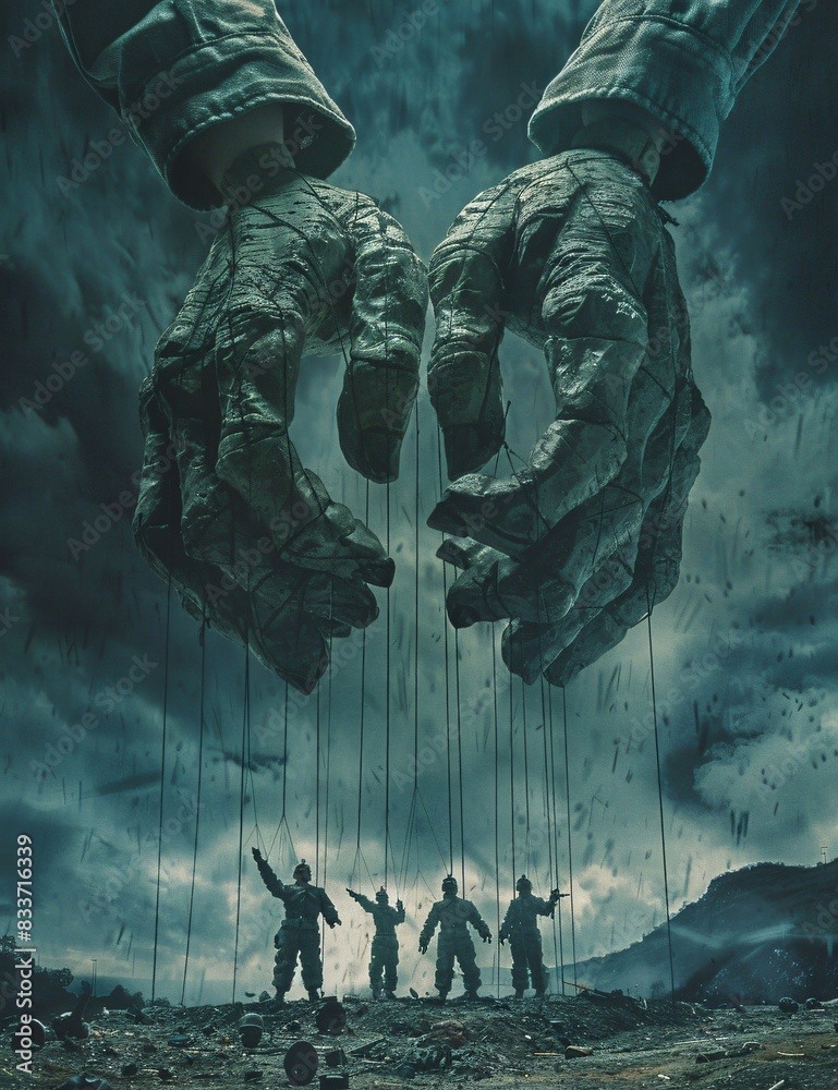 Giant puppeteer hands looming over small soldier figures, evoking ...