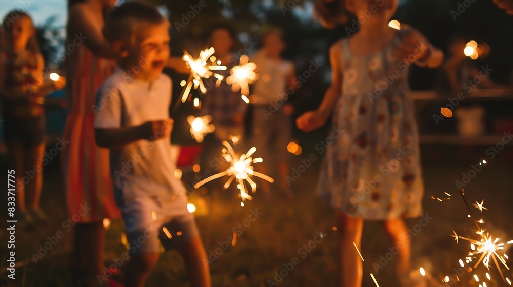 Kids running around with sparklers in their hands, laughter and smiles ...