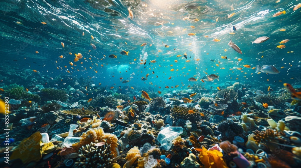 Underwater scene showing marine life swimming among plastic waste and ...