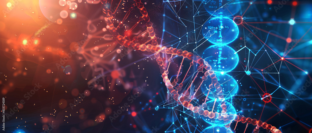 Red and Blue DNA Double Helix Strands with Glowing Red and Blue Orbs ...