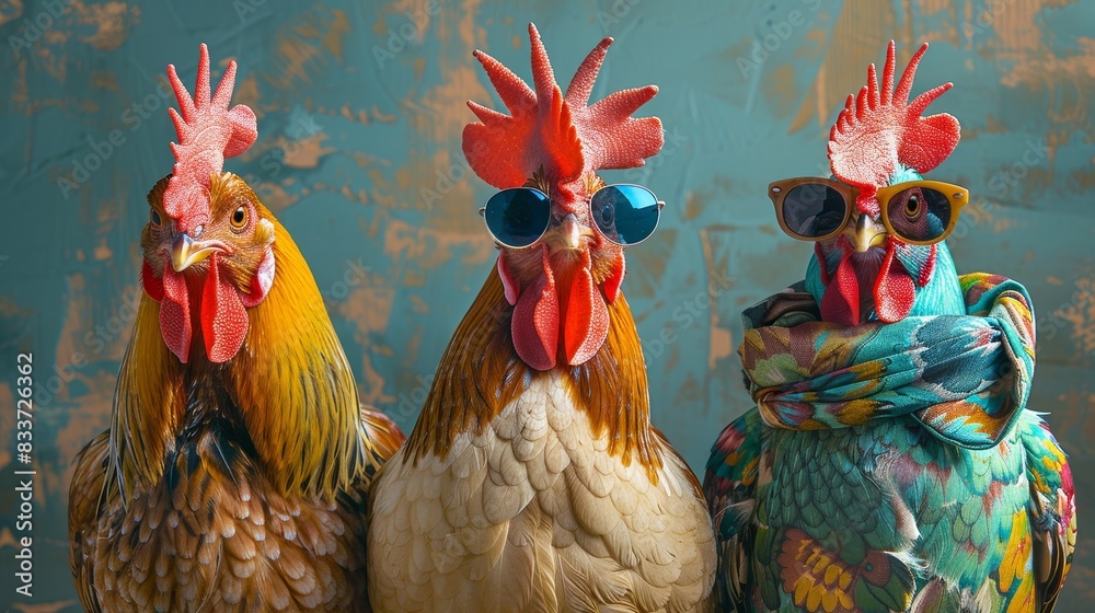 Stylish Chickens, Trio of chickens wearing sunglasses and scarves with ...