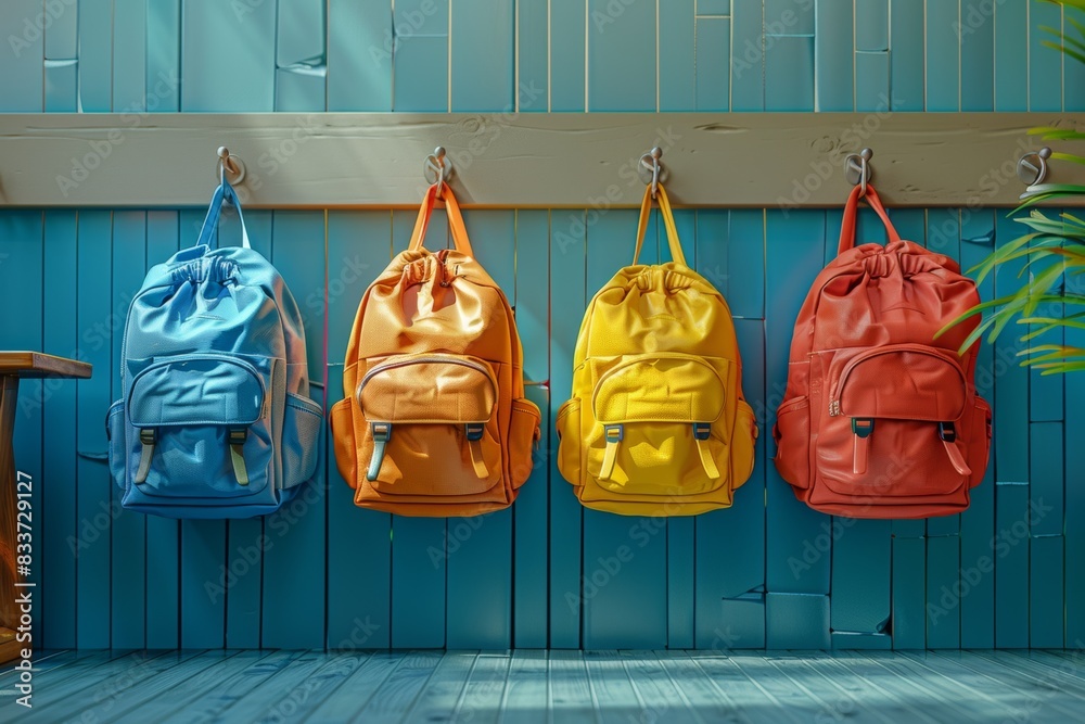 childrens backpacks are on display hooks in a classroom, creating a ...