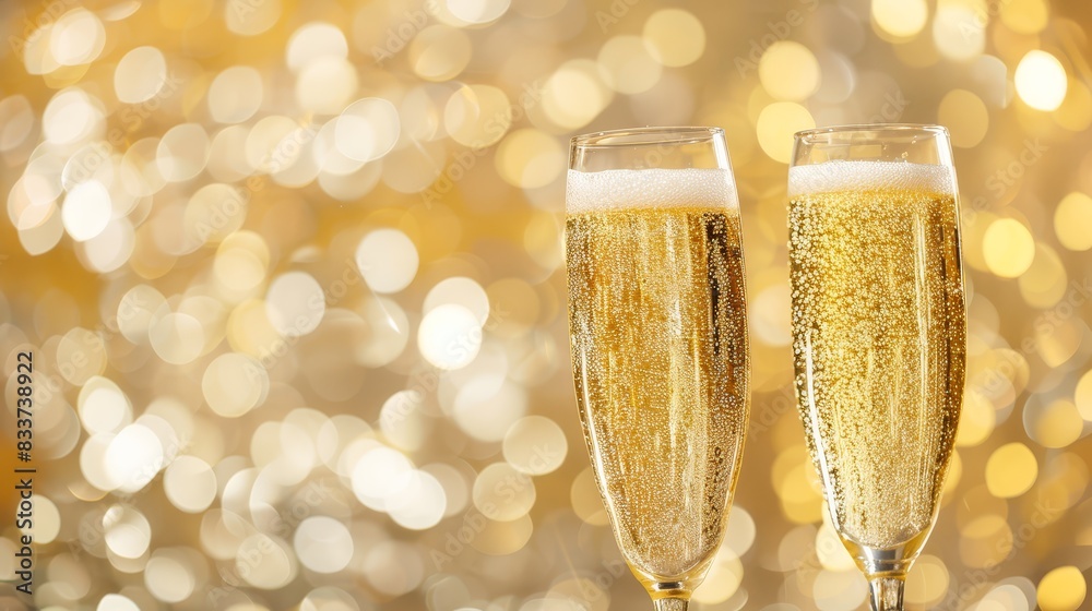 Elegant pair of champagne flutes on a sparkling gold background ...