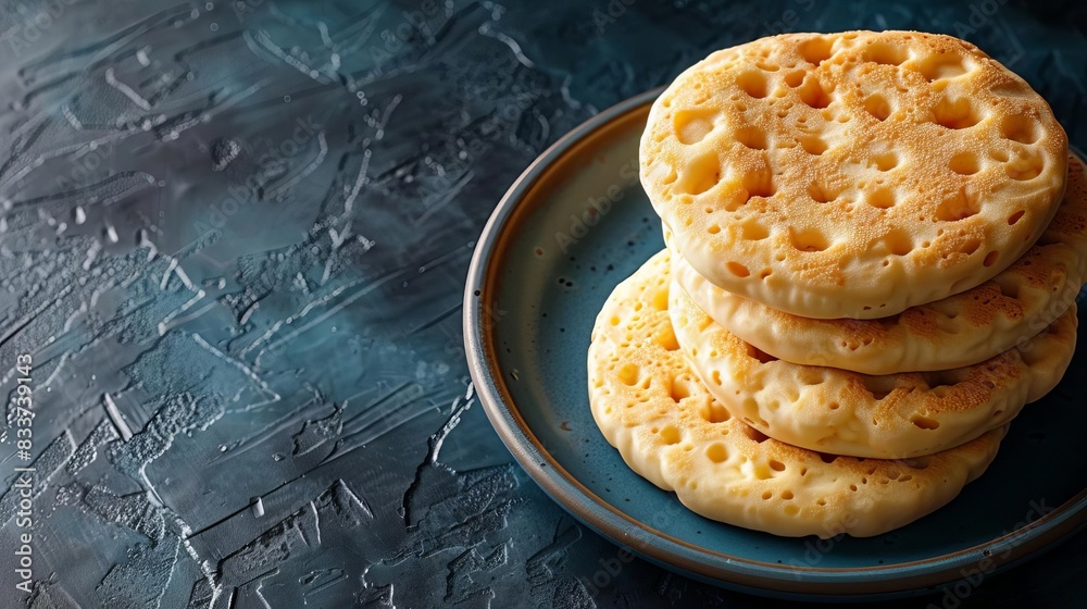 Crumpet cooking background, copy space for text flat design side view ...